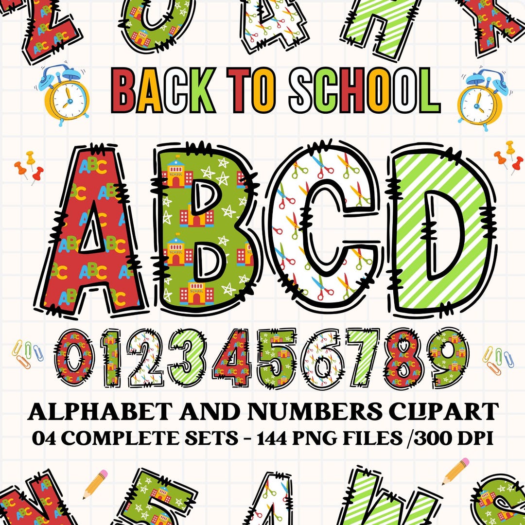 Back to School Alphabet Clipart PNG. 4 Styles With Back to School ...