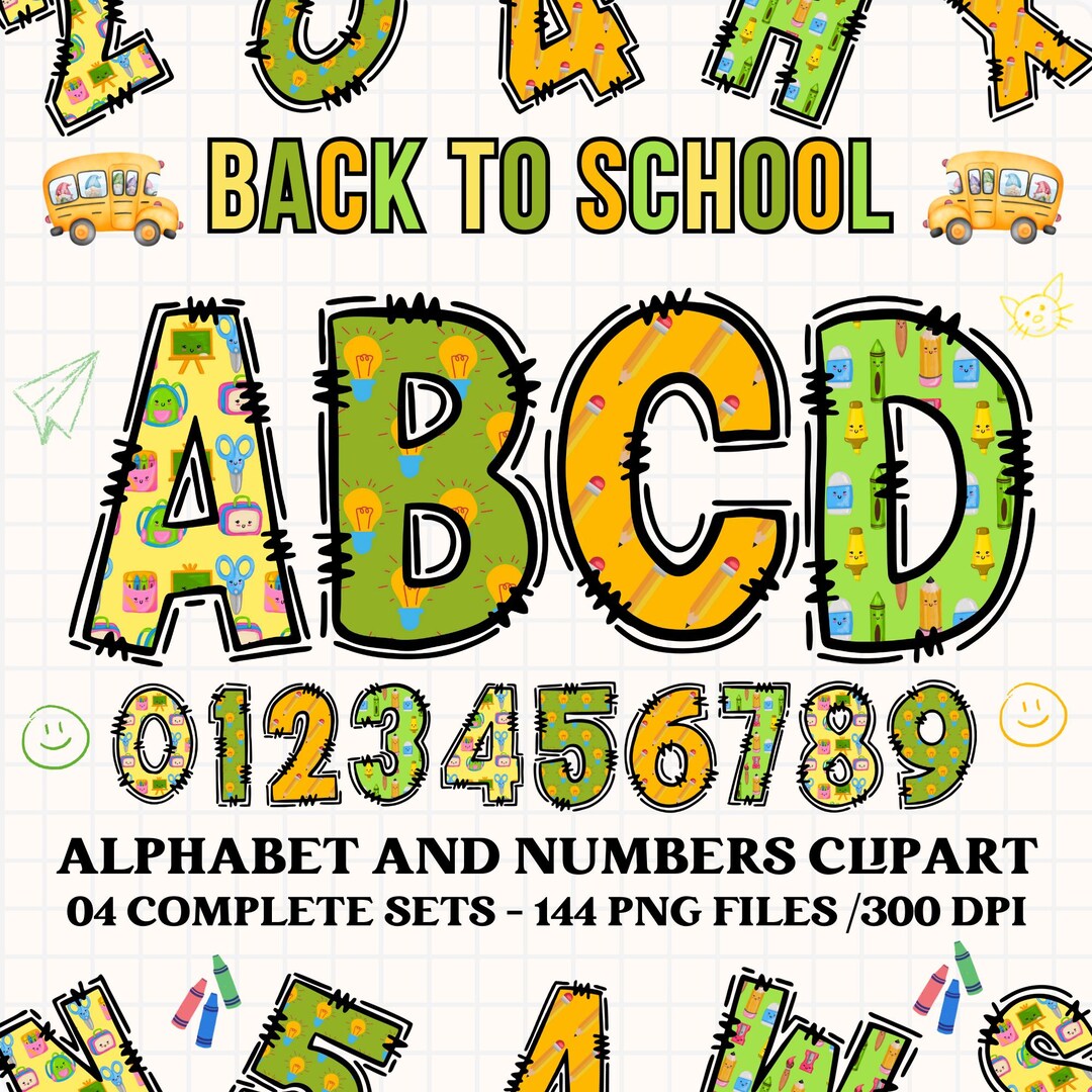 Back to School Alphabet Clipart PNG. 4 Styles With Back to School ...