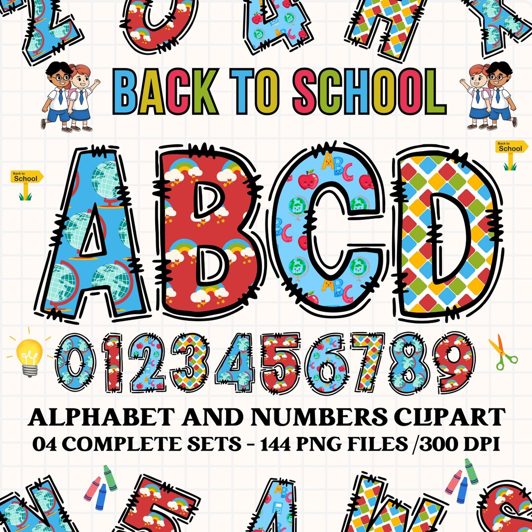 Back to School Alphabet Clipart PNG. 4 Styles With Back to School ...