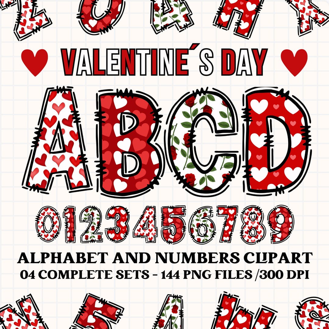 Valentines Day Alphabet Clipart PNG. 4 Styles With Valentine Day ...