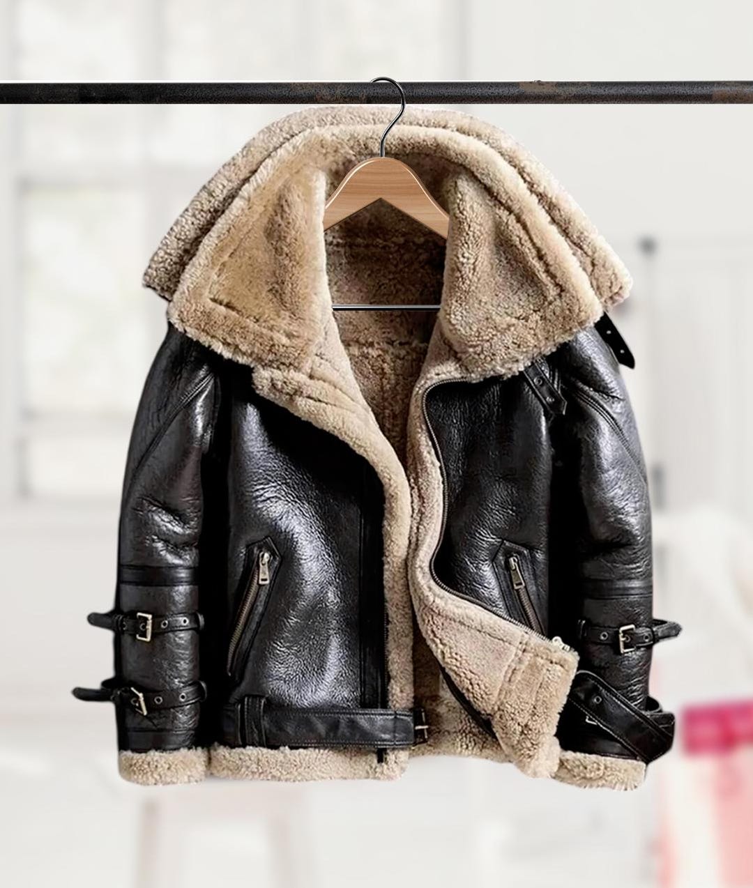 Men's B3 Bomber RAF Aviator Real Sheepskin Pilot Flying Double Collar ...