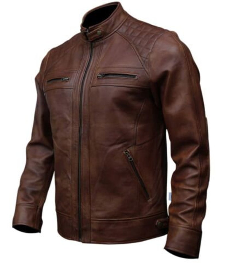 Men Biker Racer Leather Jacket Men's Genuine Sheepskin MOTORCYCLE LEATHER JACKET Biker Brown ...