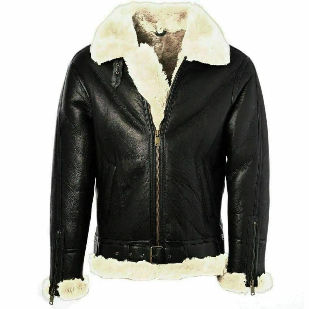 Men RAF Aviator Fur B3 Bomber Black Real Leather Jacket-genuine ...