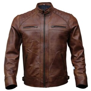 Men Biker Racer Leather Jacket Men's Genuine Sheepskin MOTORCYCLE LEATHER JACKET Biker Brown ...