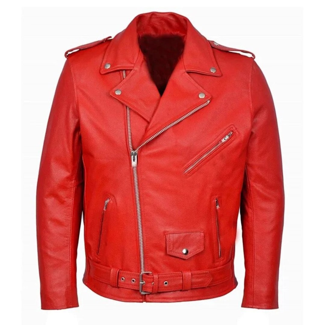 Men's Handmade Biker Jacket Red Leather Jacket Men's Genuine Sheepskin ...