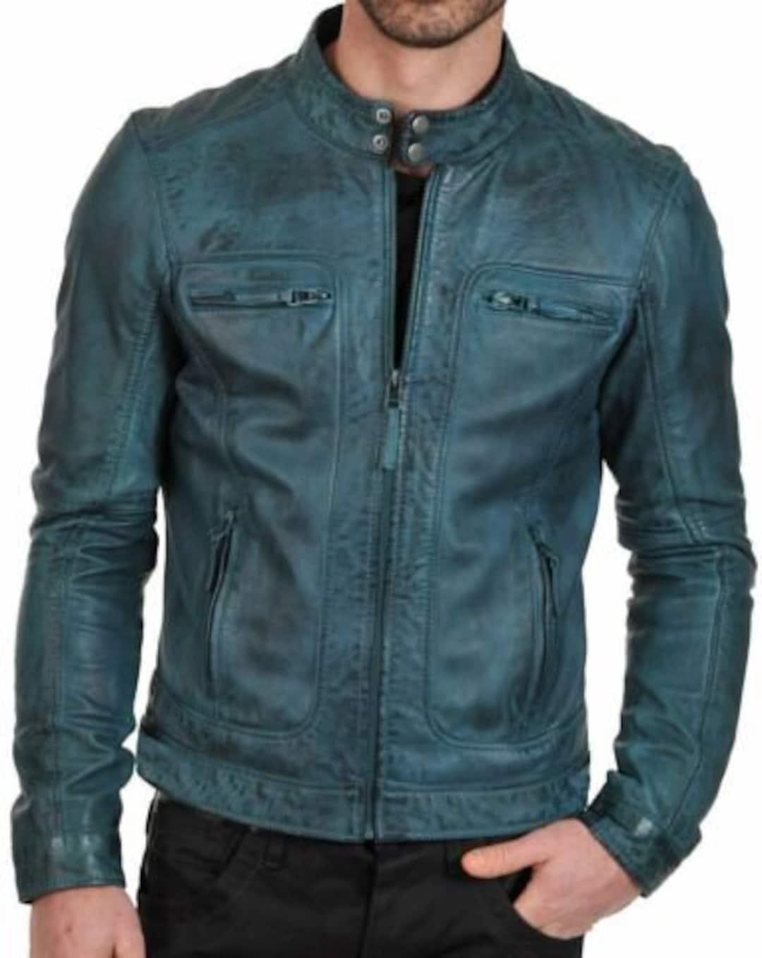 Mens Blue Biker Cafe Racer Distressed Genuine Sheepskin MOTO LEATHER ...