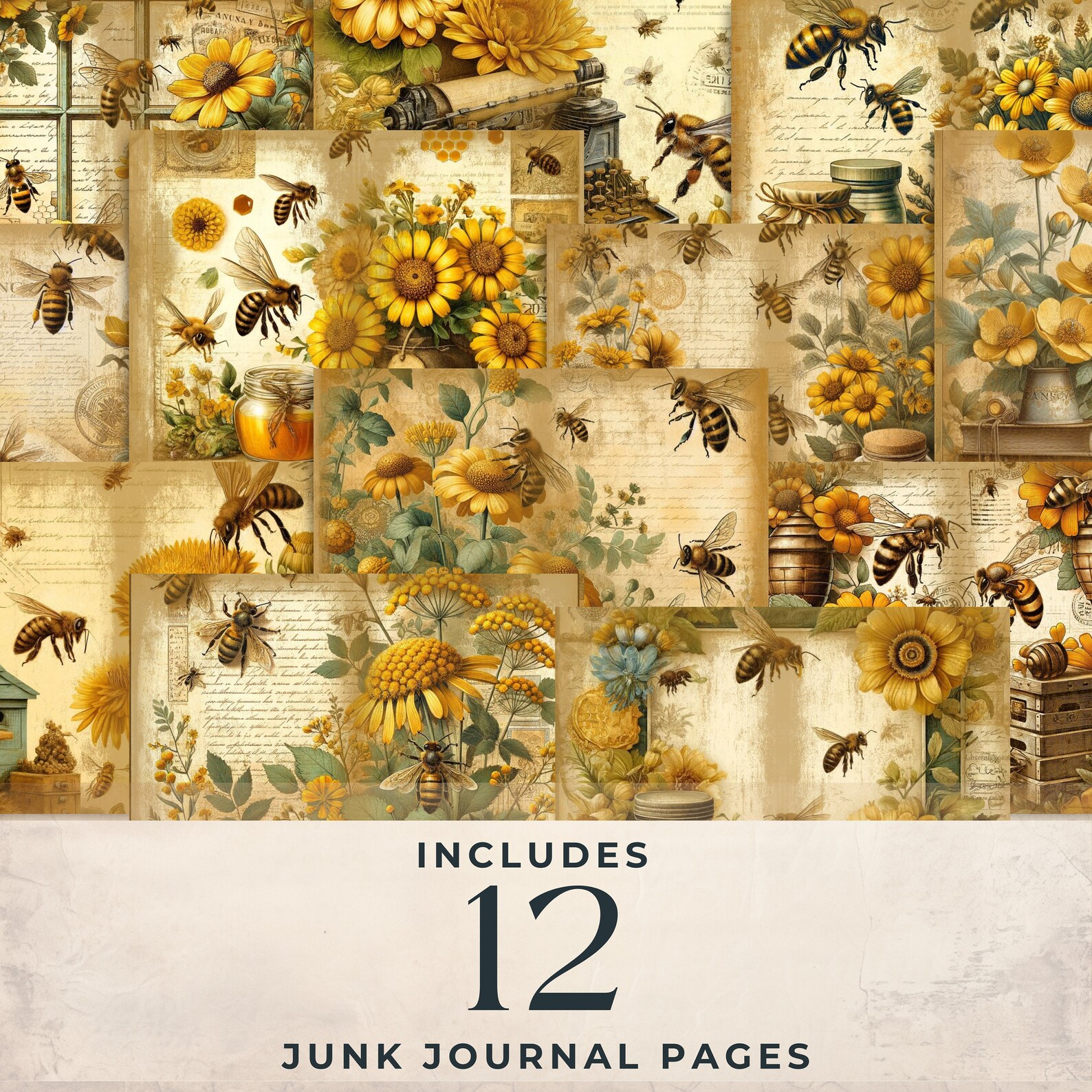 Vintage Honey Bees Junk Journal Kit | Junk Journal Printable | Collage ...