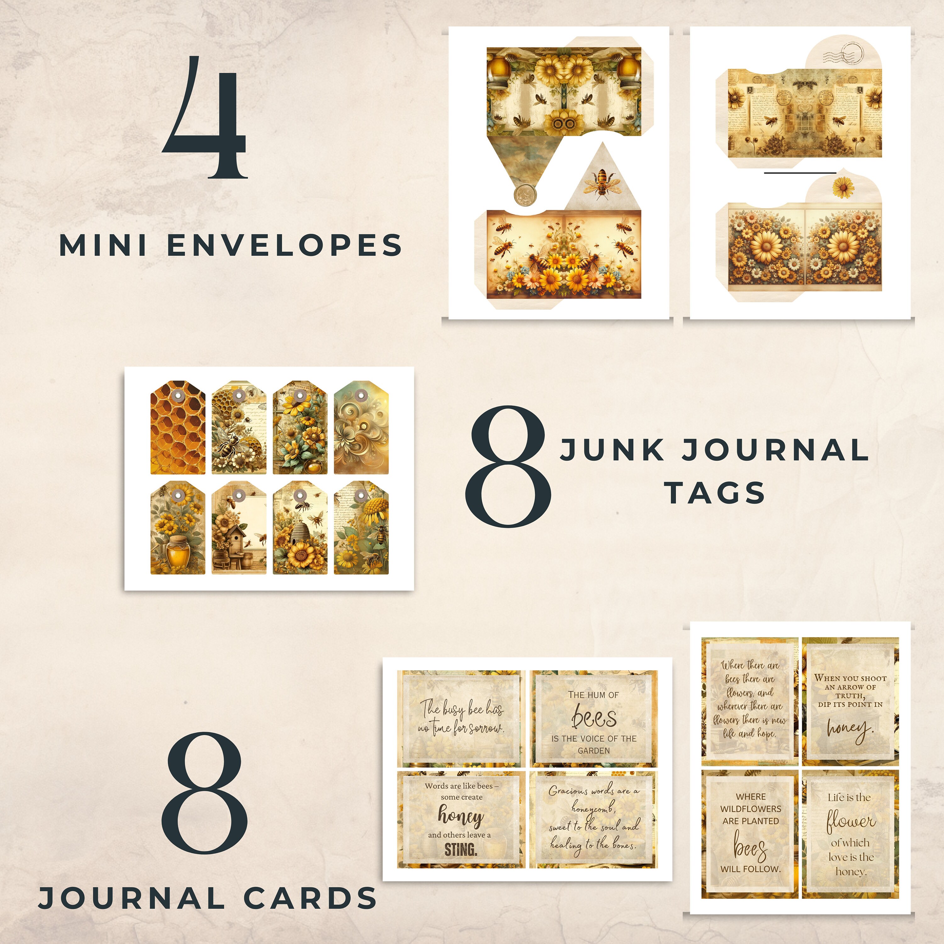 Vintage Honey Bees Junk Journal Kit | Junk Journal Printable | Collage ...