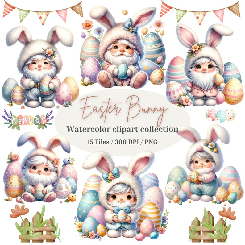 Watercolor Easter Bunny Egg Collection Clipart, 15 PNG Easter Clipart ...