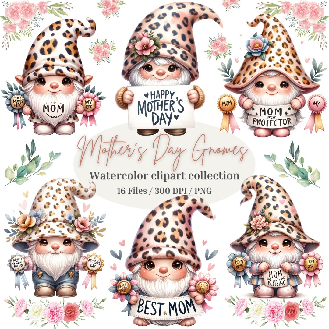 Watercolor Mothers Day Cute Gnomes Collection Clipart, 16 PNG Garden ...