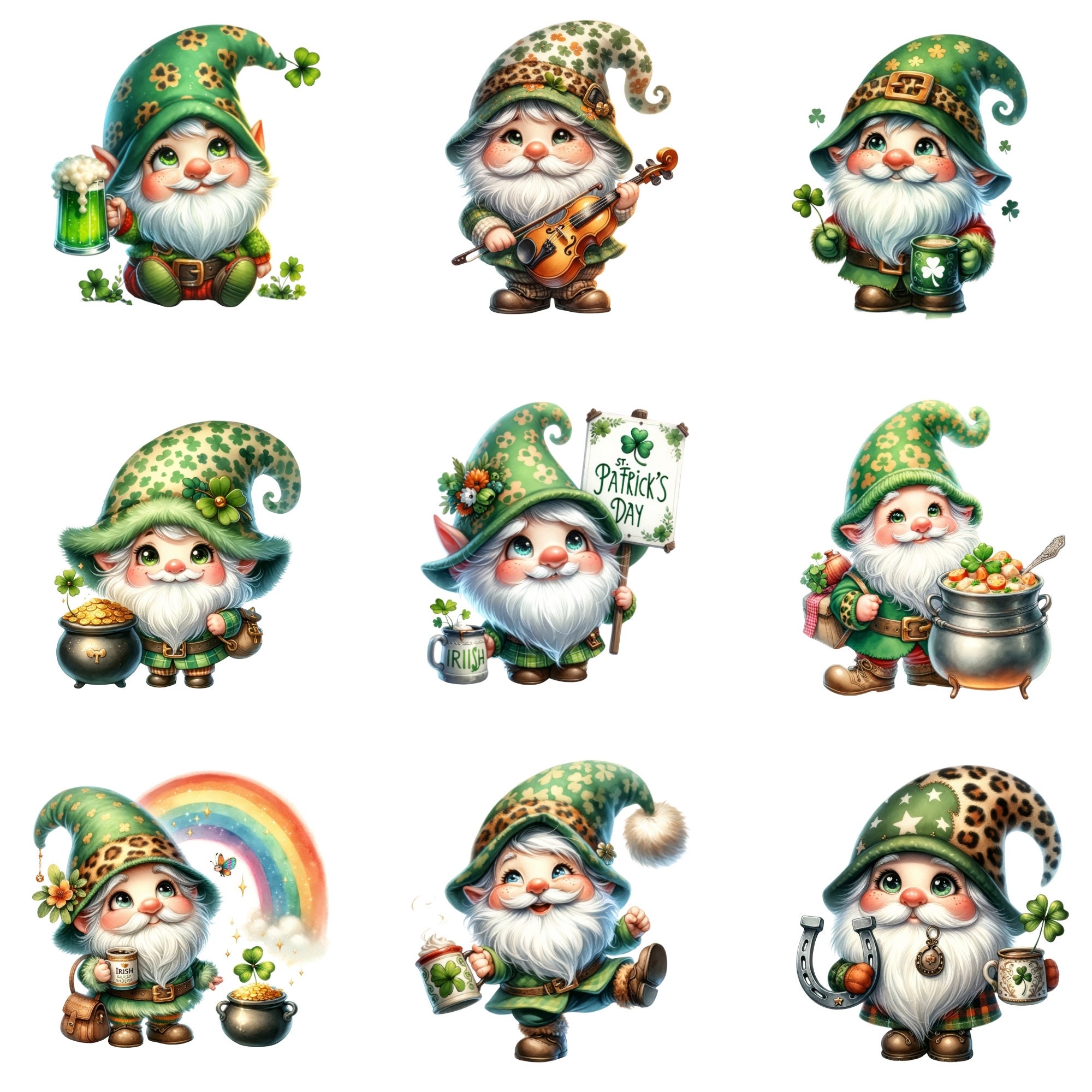 Watercolor Saint Patrick Gnomes Clipart, 16 PNG Festive Gnomes Clipart ...