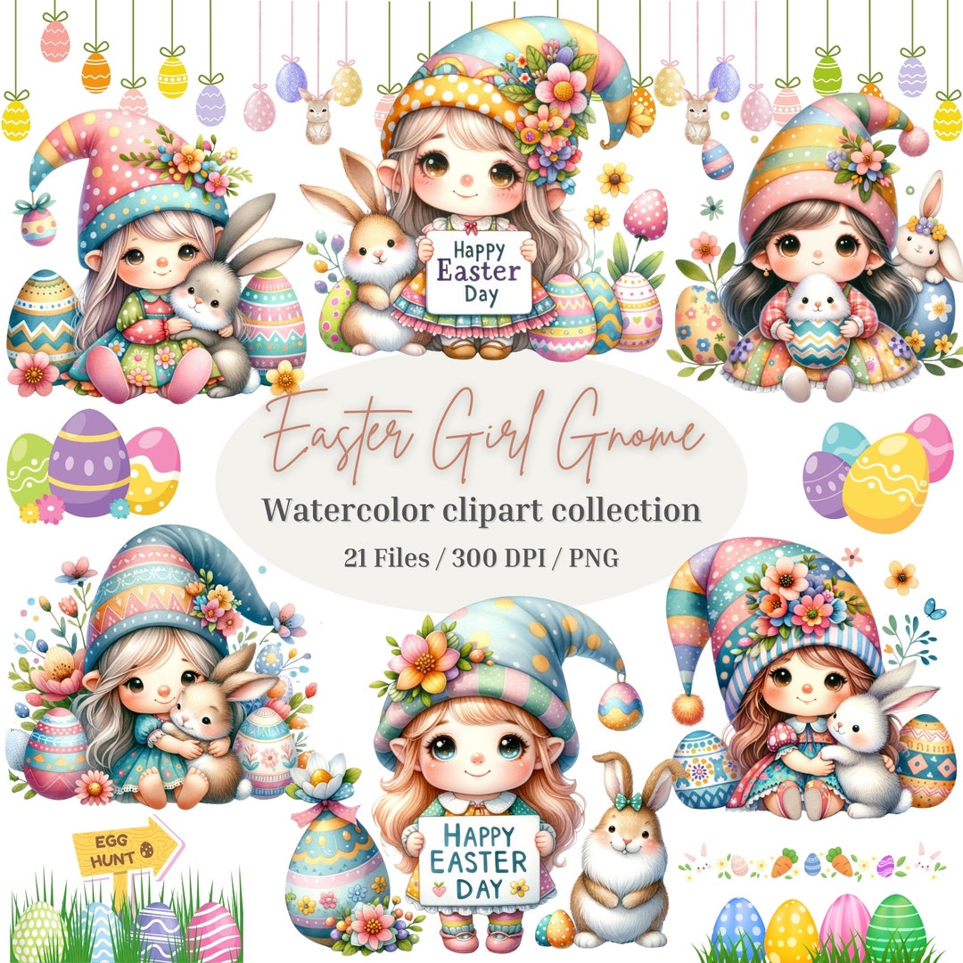 Watercolor Easter Egg Gnome Collection Clipart, 21 PNG Easter Clipart ...