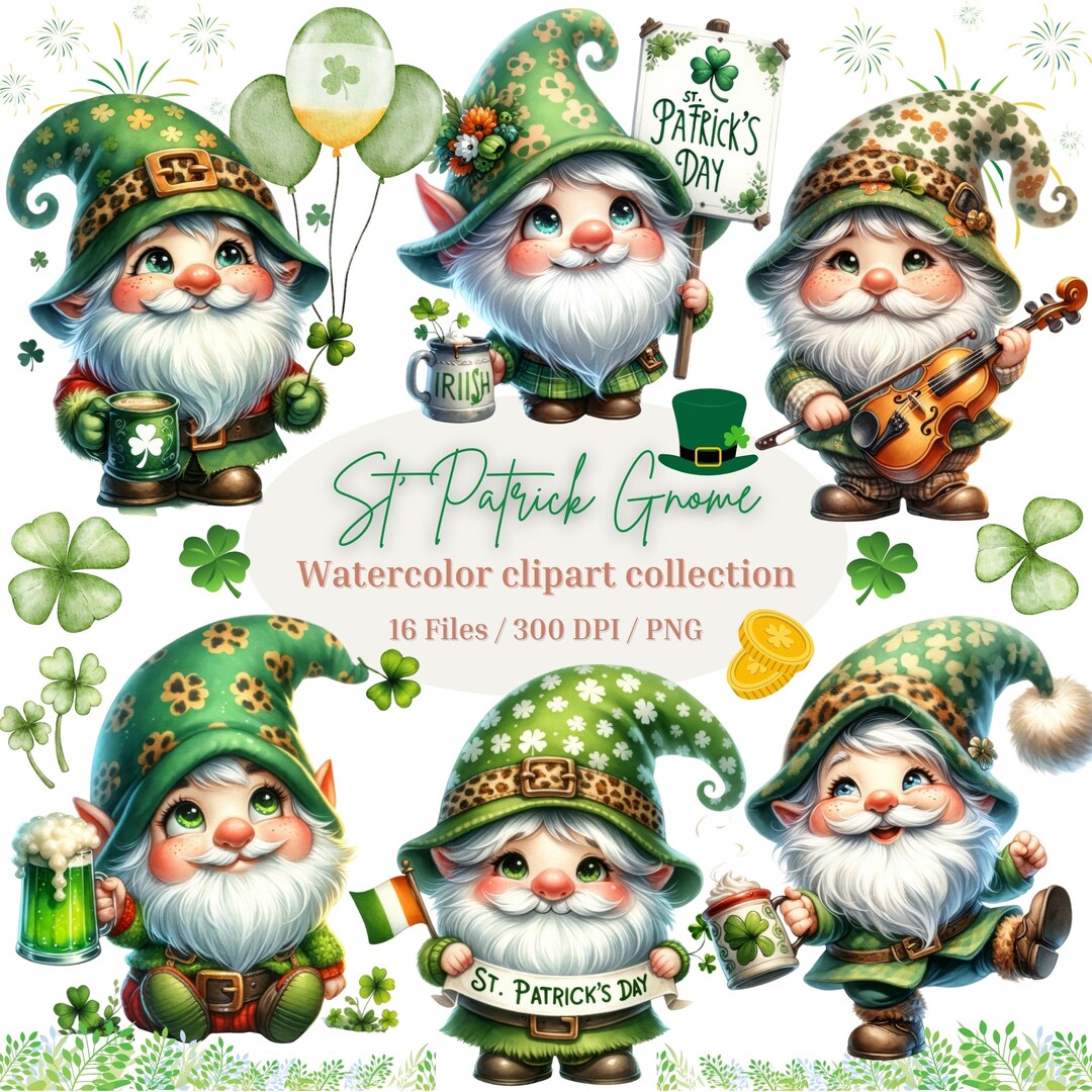 Watercolor Saint Patrick Gnomes Clipart, 16 PNG Festive Gnomes Clipart ...
