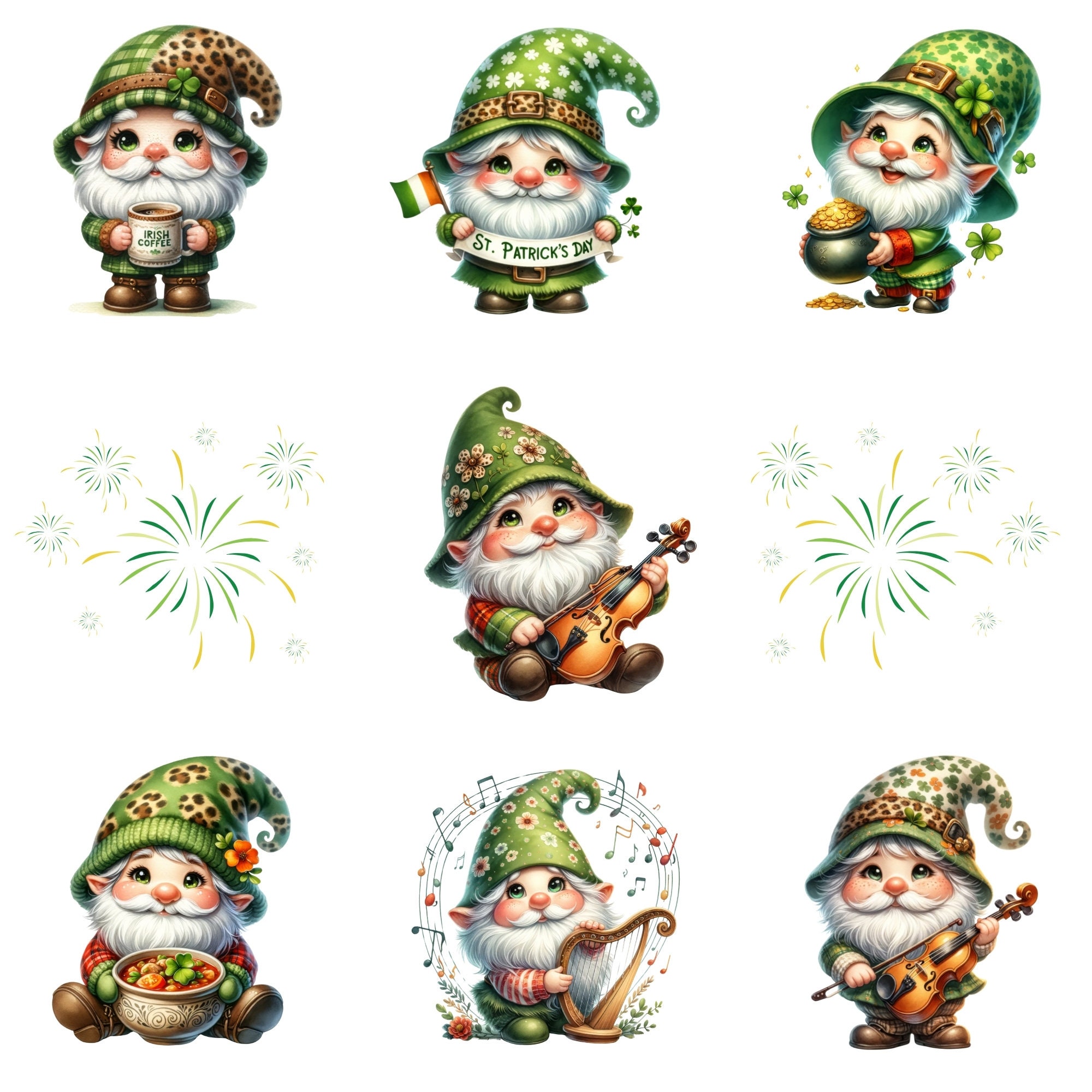 Watercolor Saint Patrick Gnomes Clipart, 16 PNG Festive Gnomes Clipart ...
