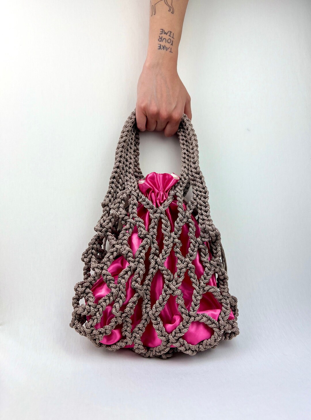 Mink and Neon Pink Mesh Bag /net Bag in Neon Pink and Mink Colour - Etsy