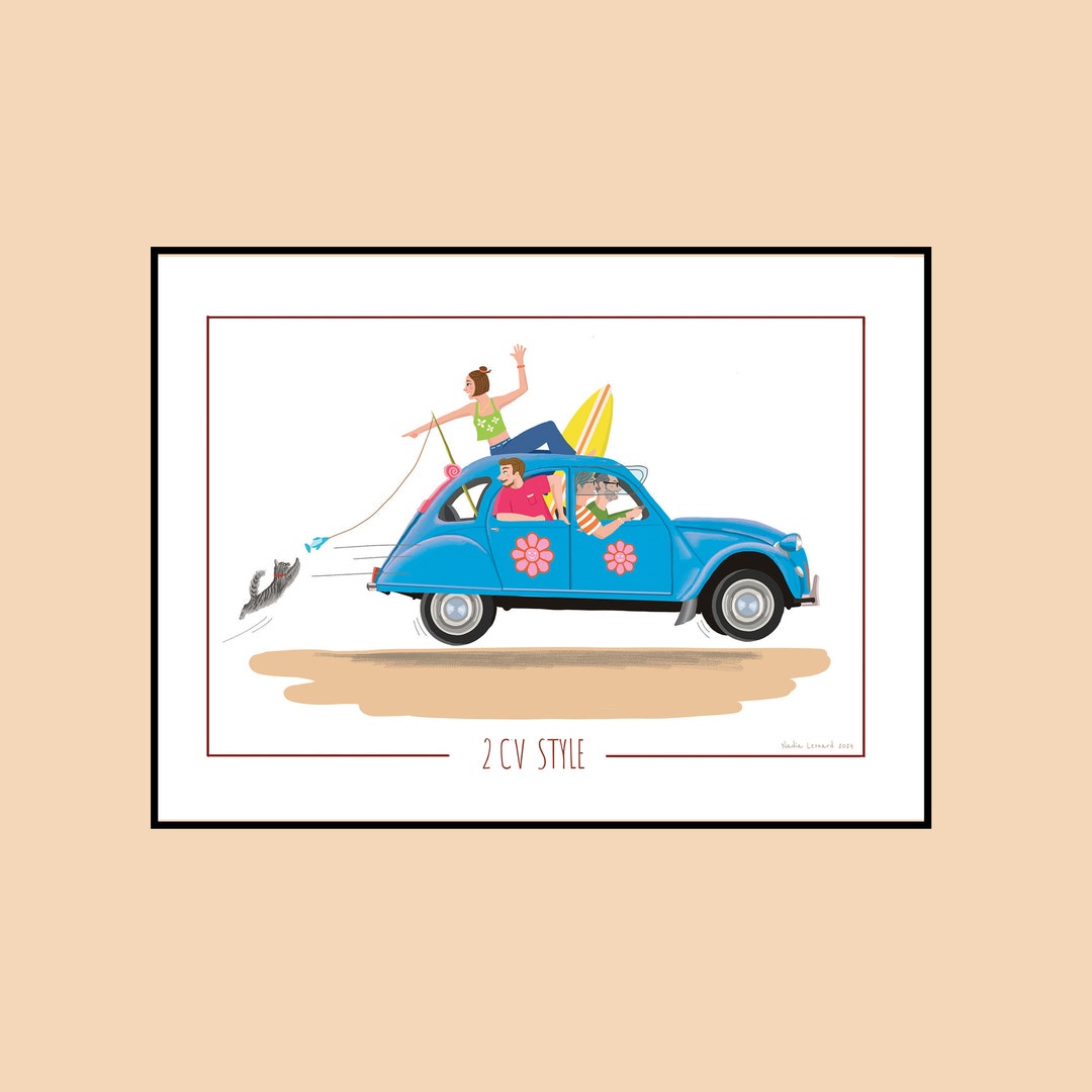 Naive and Humorous Poster of Vintage 2CV Car for a Tender and Funny ...