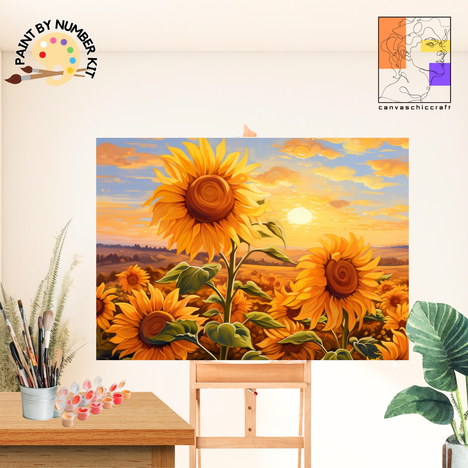 Sunflower Floral Landscape Painting Kit, Diy Painting by Numbers Kit ...