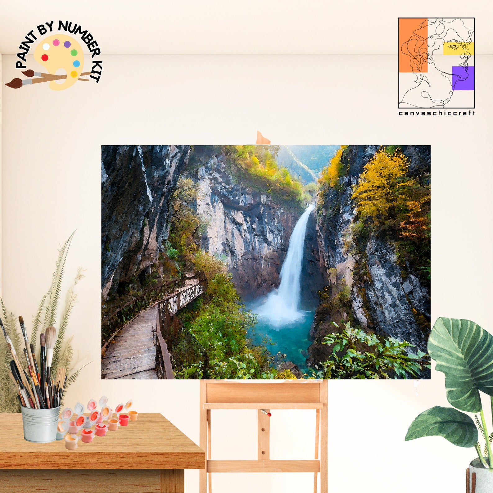Mountain Waterfall Painting Kit, Landscape Diy Painting by Numbers Kit ...