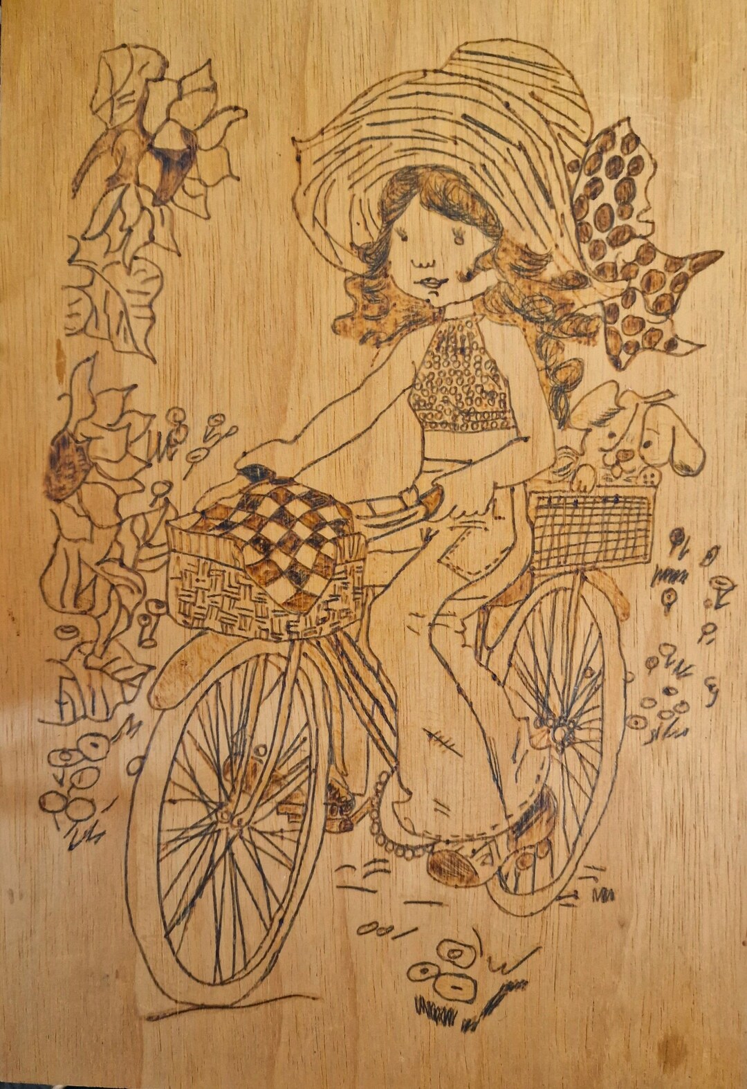 Woodburning Painting Girl on Bicycle - Etsy