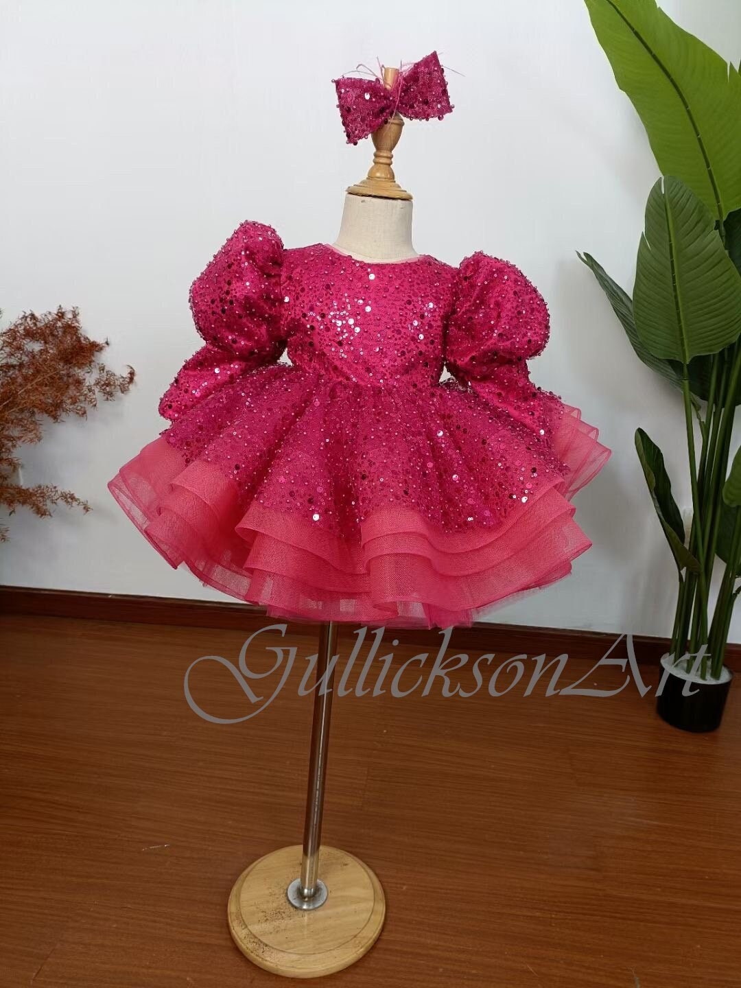 Elegant Hot Pink Toddler Pageant Dress, Puffy Sleeves Baby Girl Dress ...