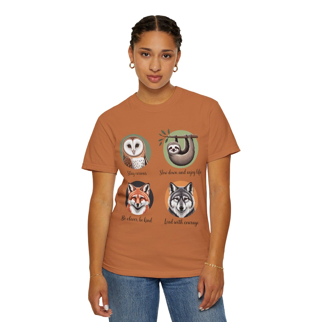 Woodland Animal Faces Owl Sloth Fox Wolf T-shirt | Stay Curious, Slow ...