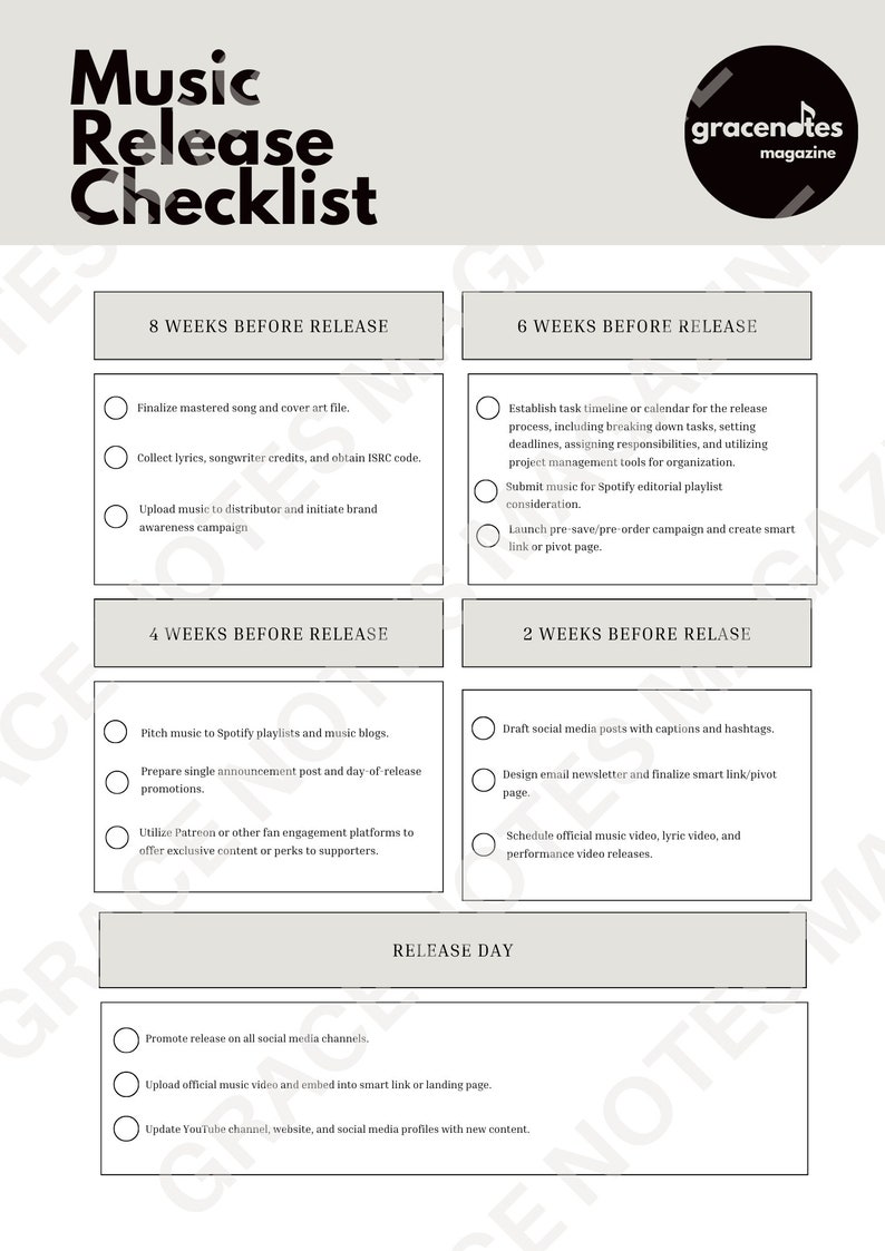 Music Release Checklist - Music Industry Singer Songwriter Band Artist ...