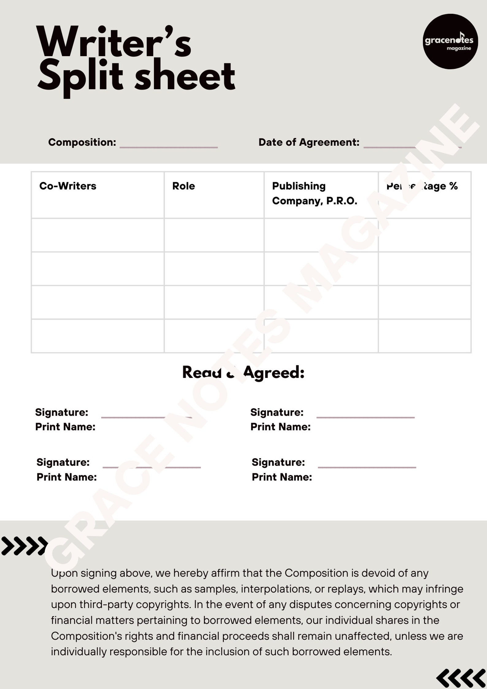 Writer Split Sheet - Music Industry Singer Songwriter Band Artist ...