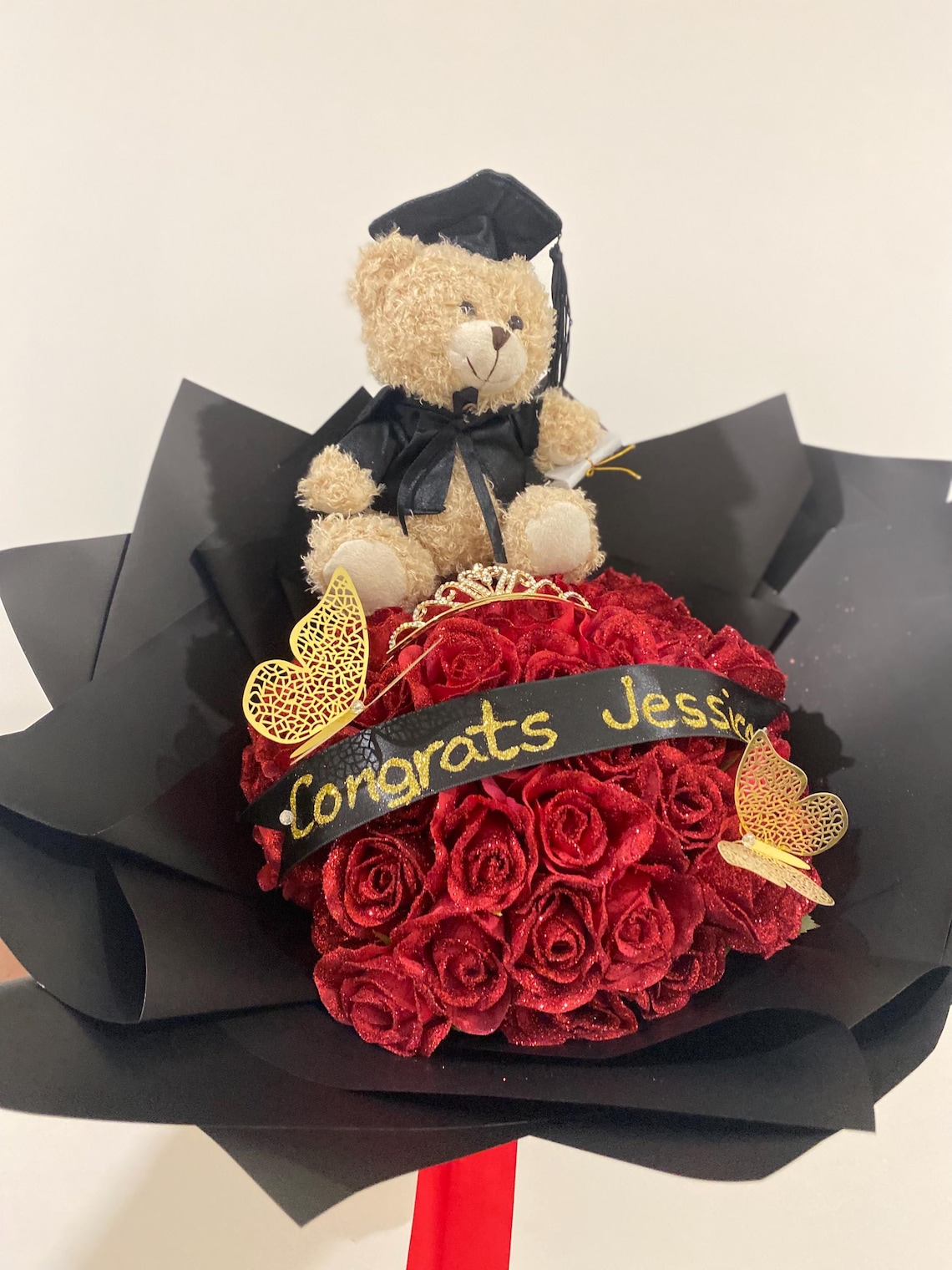 Graduation Ramo Buchon, Red Glitter Eternal Rose Bouquet, Handmade Fake ...