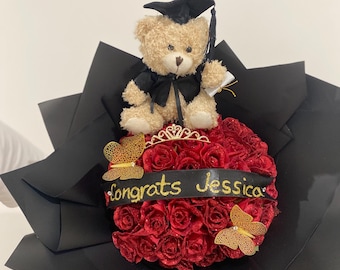 Graduation Ramo Buchon With Teddy Bear, Eternal Rose Bouquet, Handmade Fake Flower, Ever Lasting ...