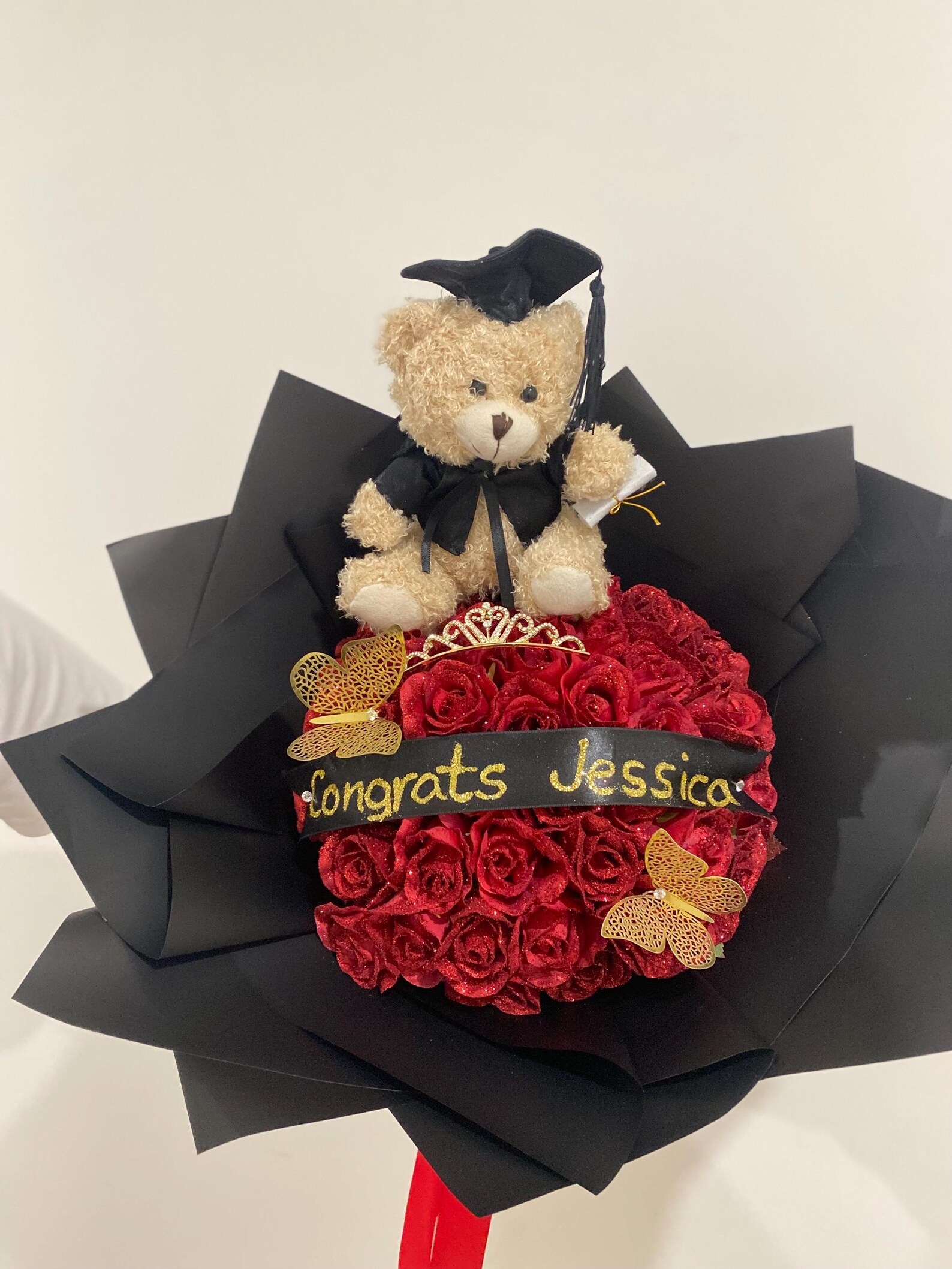 Graduation Ramo Buchon, Red Glitter Eternal Rose Bouquet, Handmade Fake ...