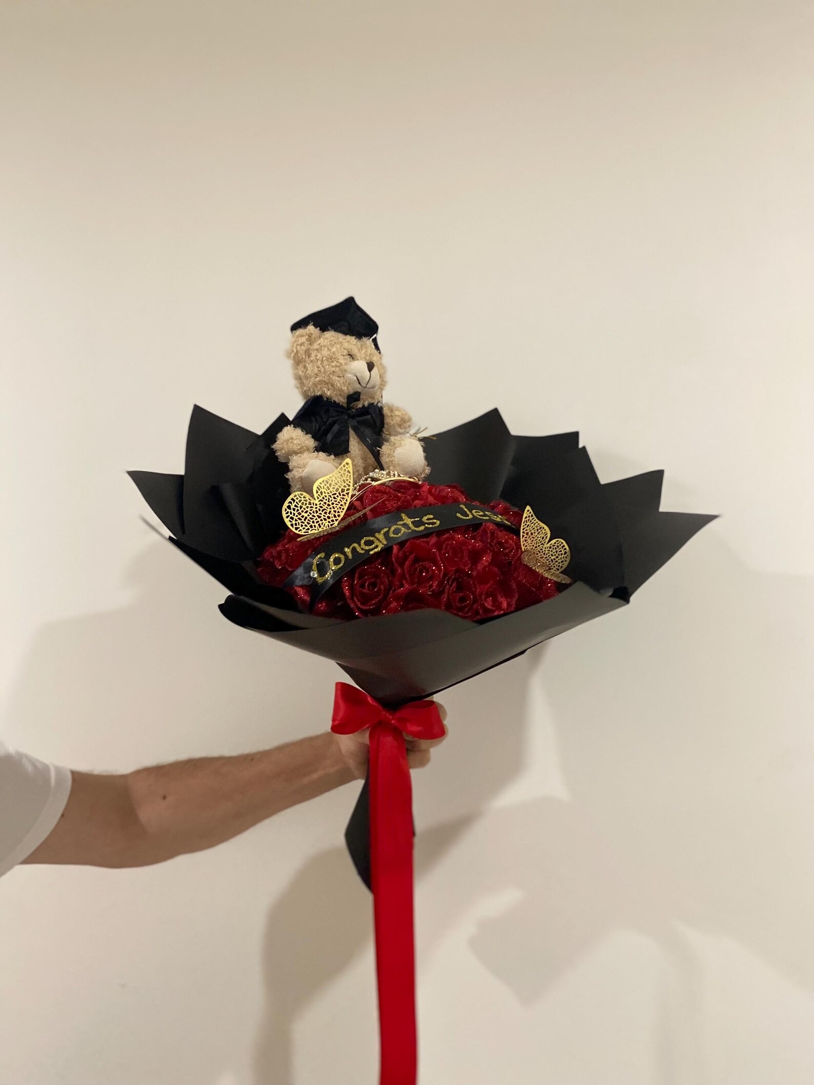 Graduation Ramo Buchon, Red Glitter Eternal Rose Bouquet, Handmade Fake ...