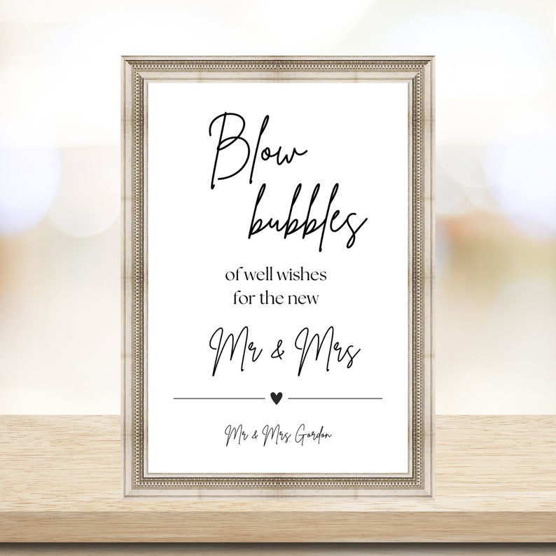 Blow Bubbles Wedding Sign Personalised Monochrome, Black & White A6, A5 ...