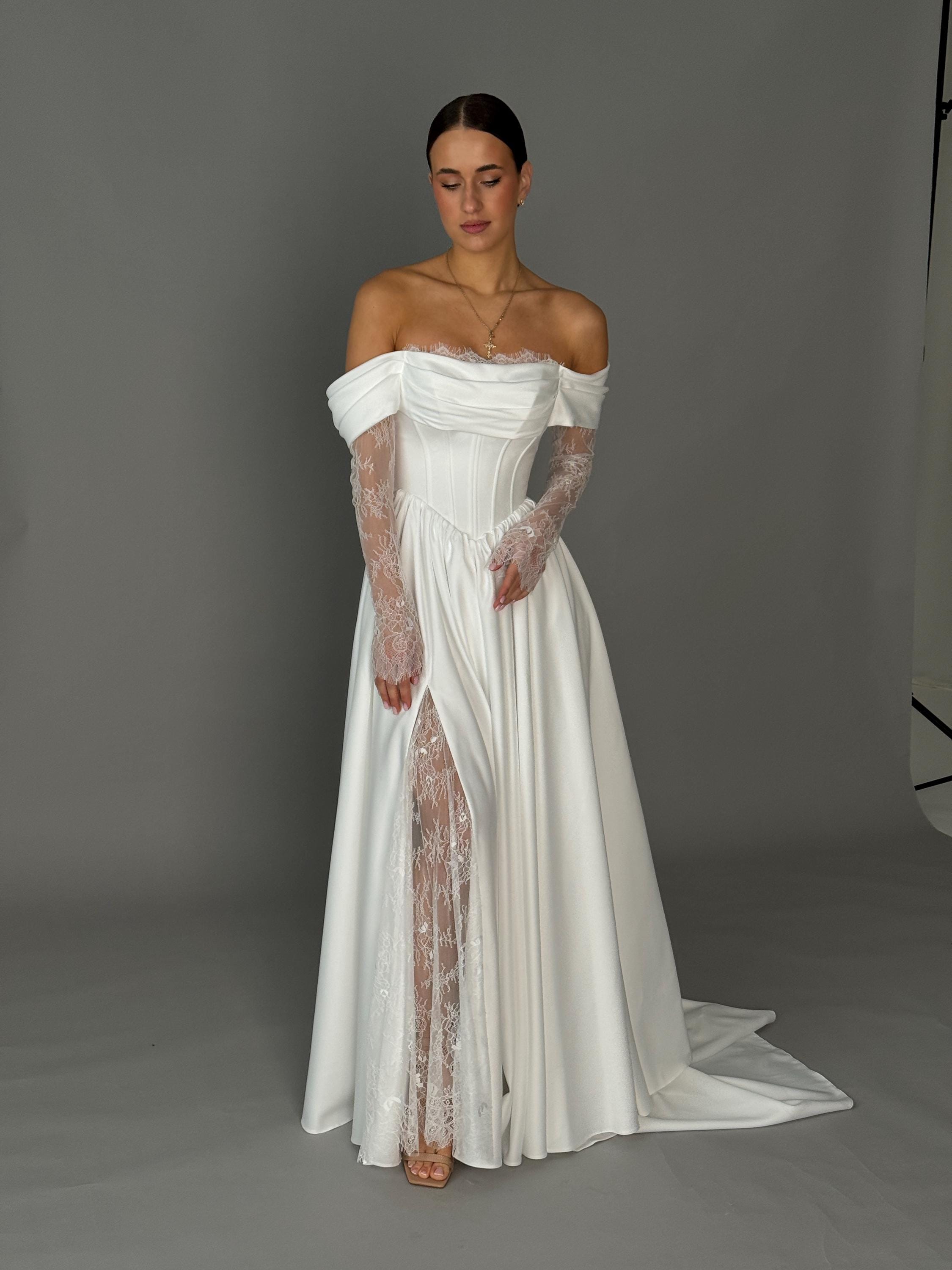 Basque Waist Wedding Dress: Corset Bridal Gown With Lace Sleeves ...