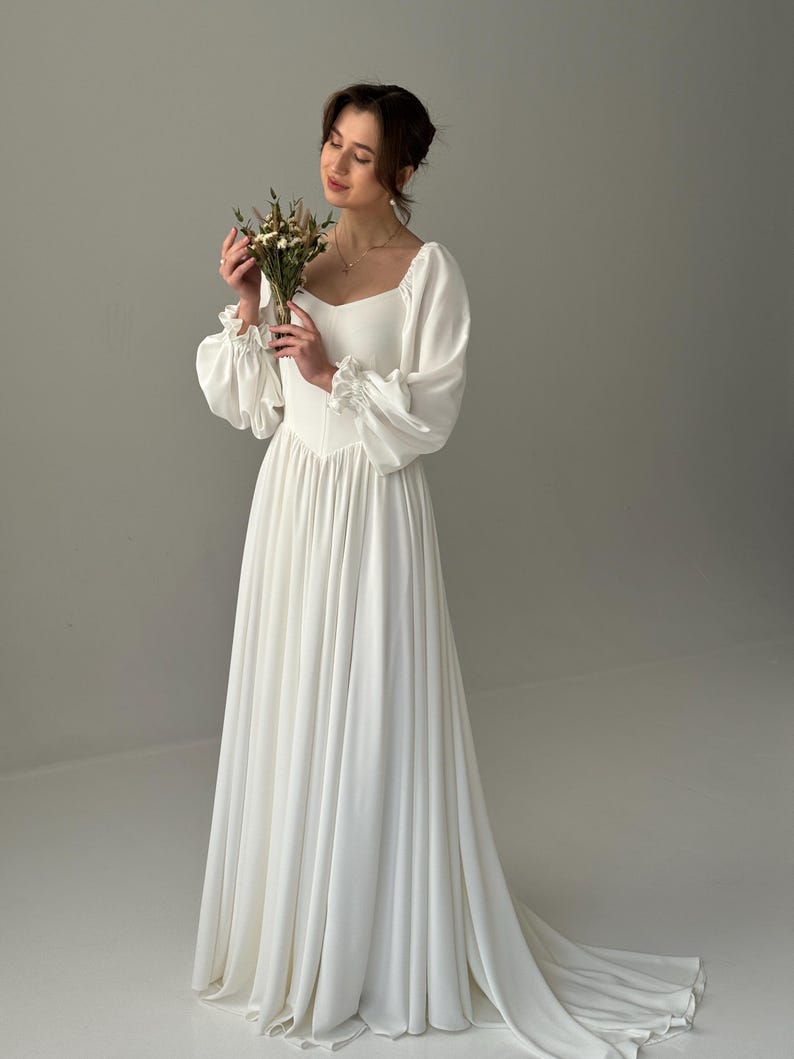Chiffon Basque Waist Wedding Dress: Long Sleeve Elven Goddess Gown - Etsy