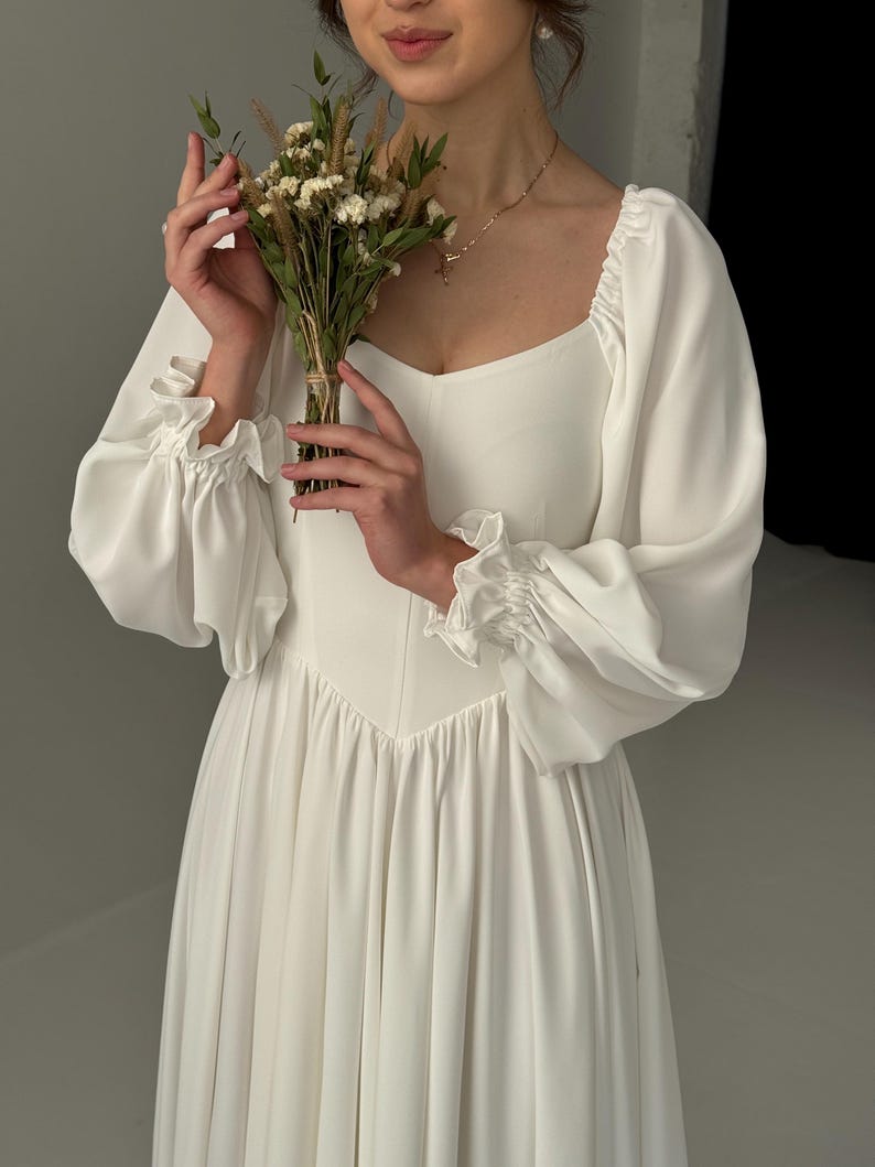Chiffon Basque Waist Wedding Dress: Long Sleeve Elven Goddess Gown - Etsy