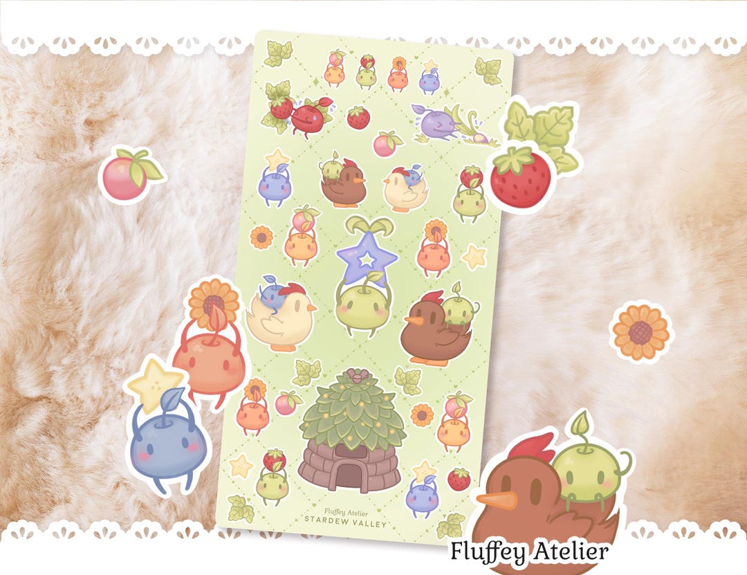 Stardew Valley Junimo Sticker Sheet | Junimos Harvesting, Chicken, Hut ...