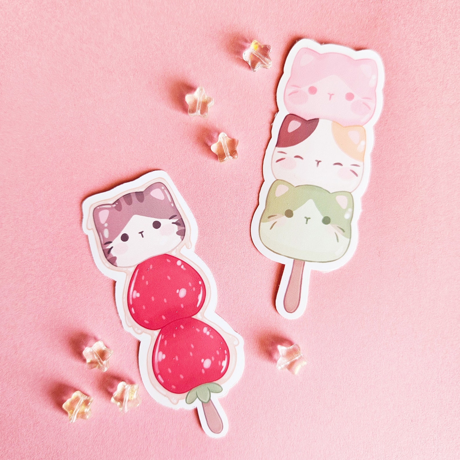 Cute Cat Dango and Tanghulu Strawberry Stickers | Kawaii Food Vinyl ...