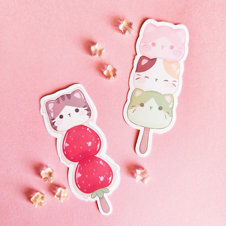 Cute Cat Dango and Tanghulu Strawberry Stickers Kawaii Food Vinyl ...