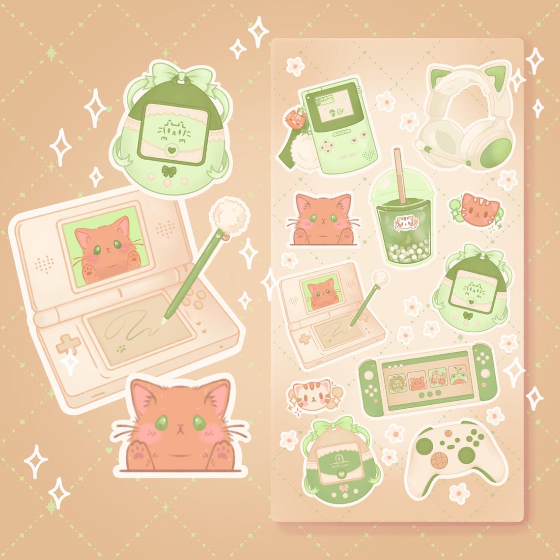 Cute Cosy Gamer Set-up Stickersheet Retro Games Virtual Pets Orange Cat ...