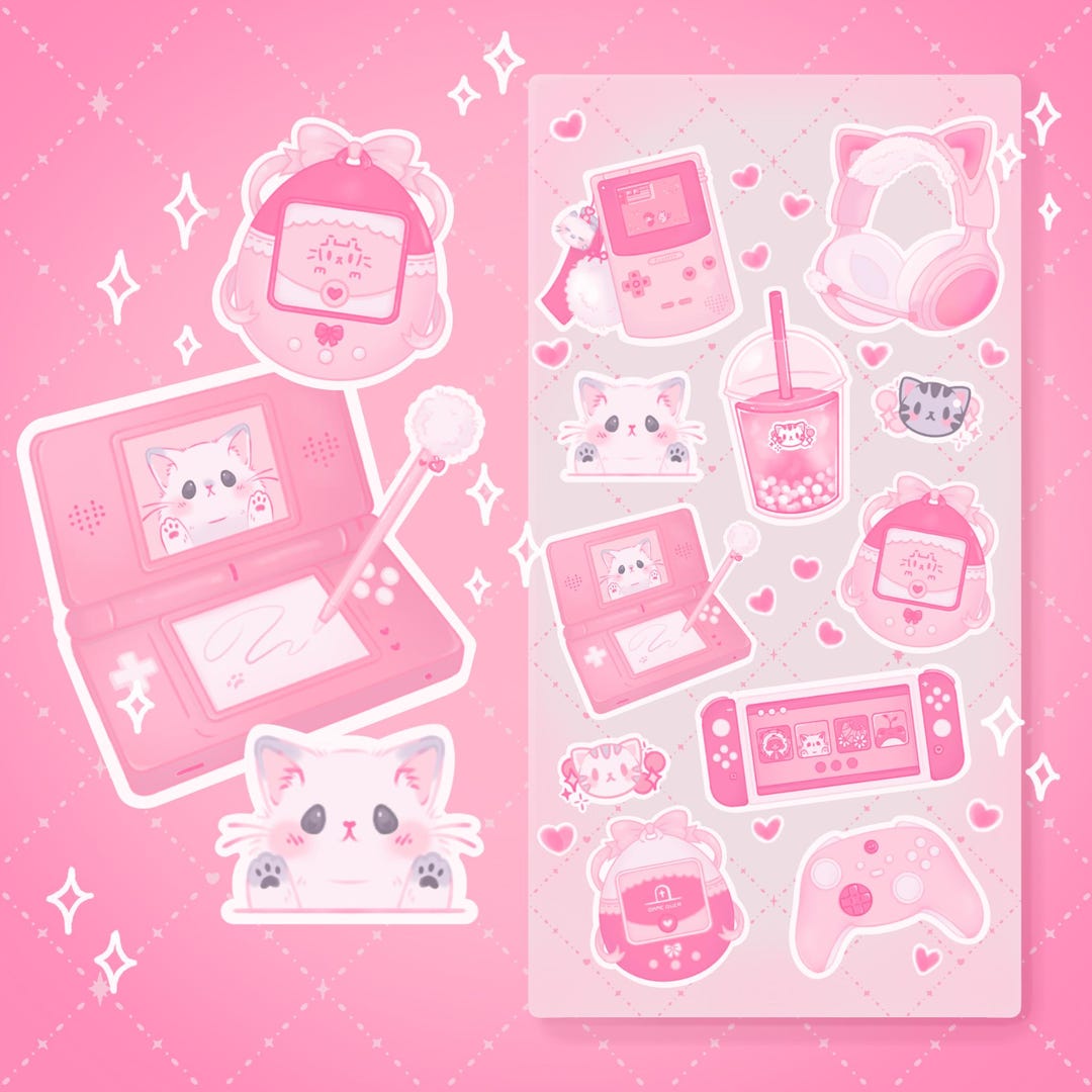 Cute Pink Coquette Gamer Set-up Stickersheet | Retro Games Virtual Pets ...
