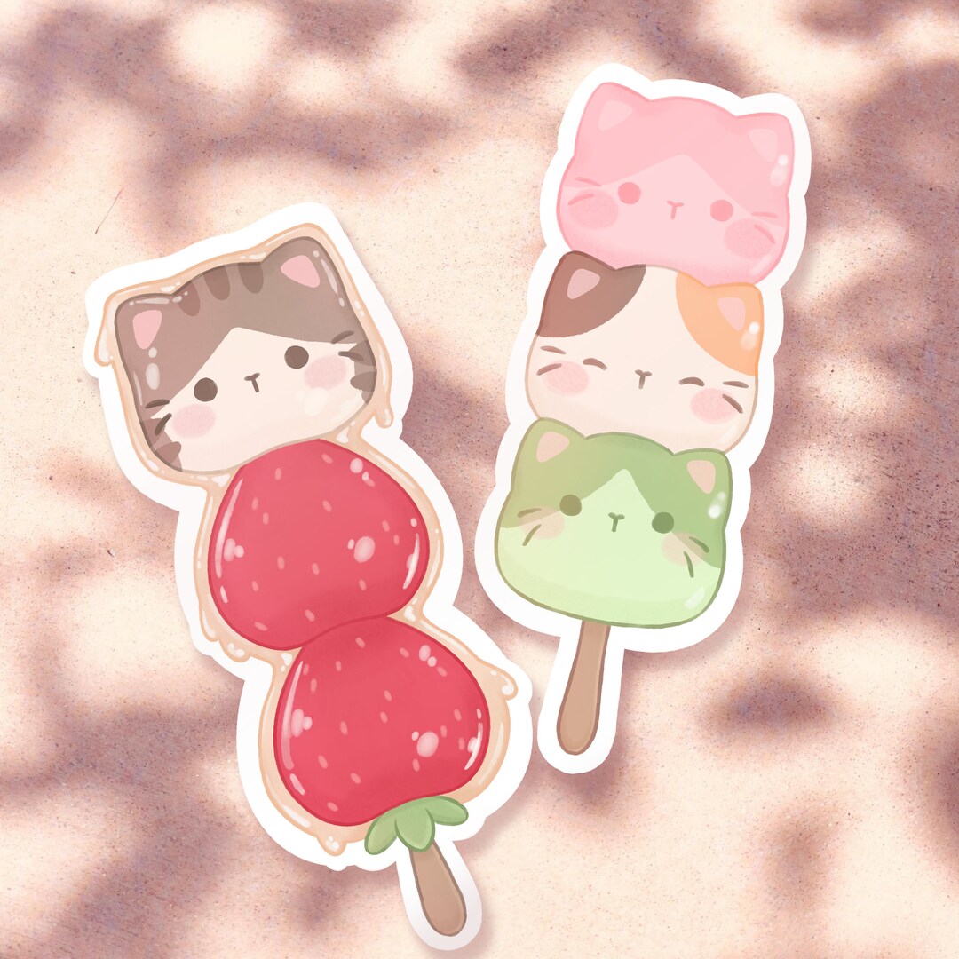 Cute Cat Dango and Tanghulu Strawberry Stickers | Kawaii Food Vinyl Sticker With Cats | for ...