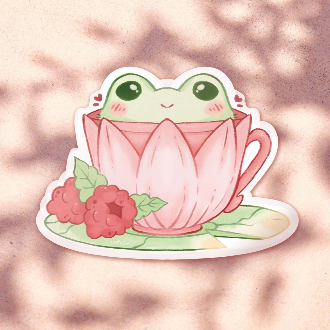 Cute Frog in a Flower Tea Cup With Raspberries Vinyl Sticker | Kawaii ...