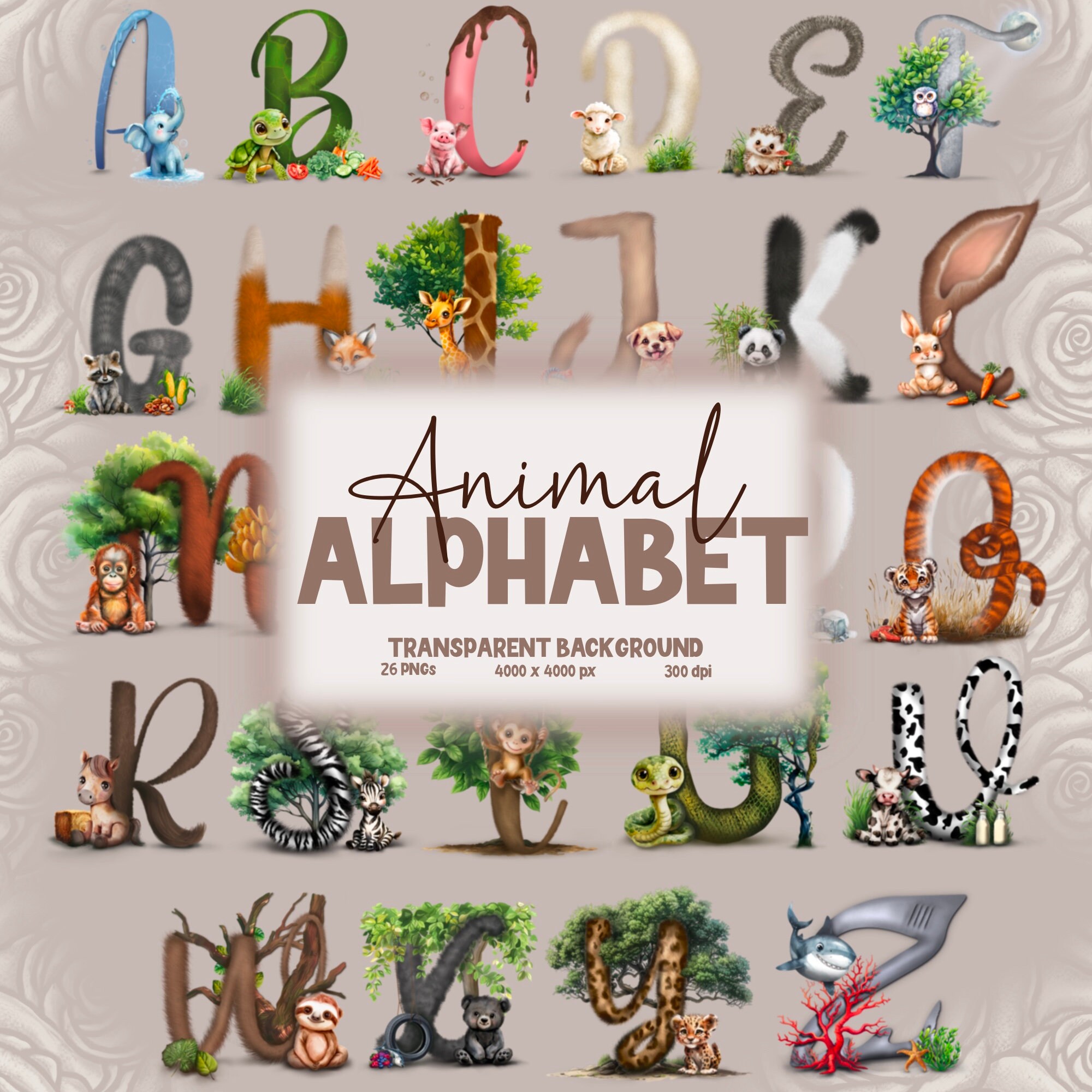 Animal Alphabet ABC Clip Art Letters Print Kids Initials Fun Cute ...