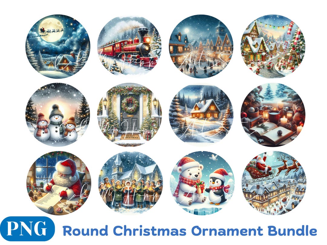 Printable Christmas Round Ornament Bundle - 44 Designs for Sublimation ...