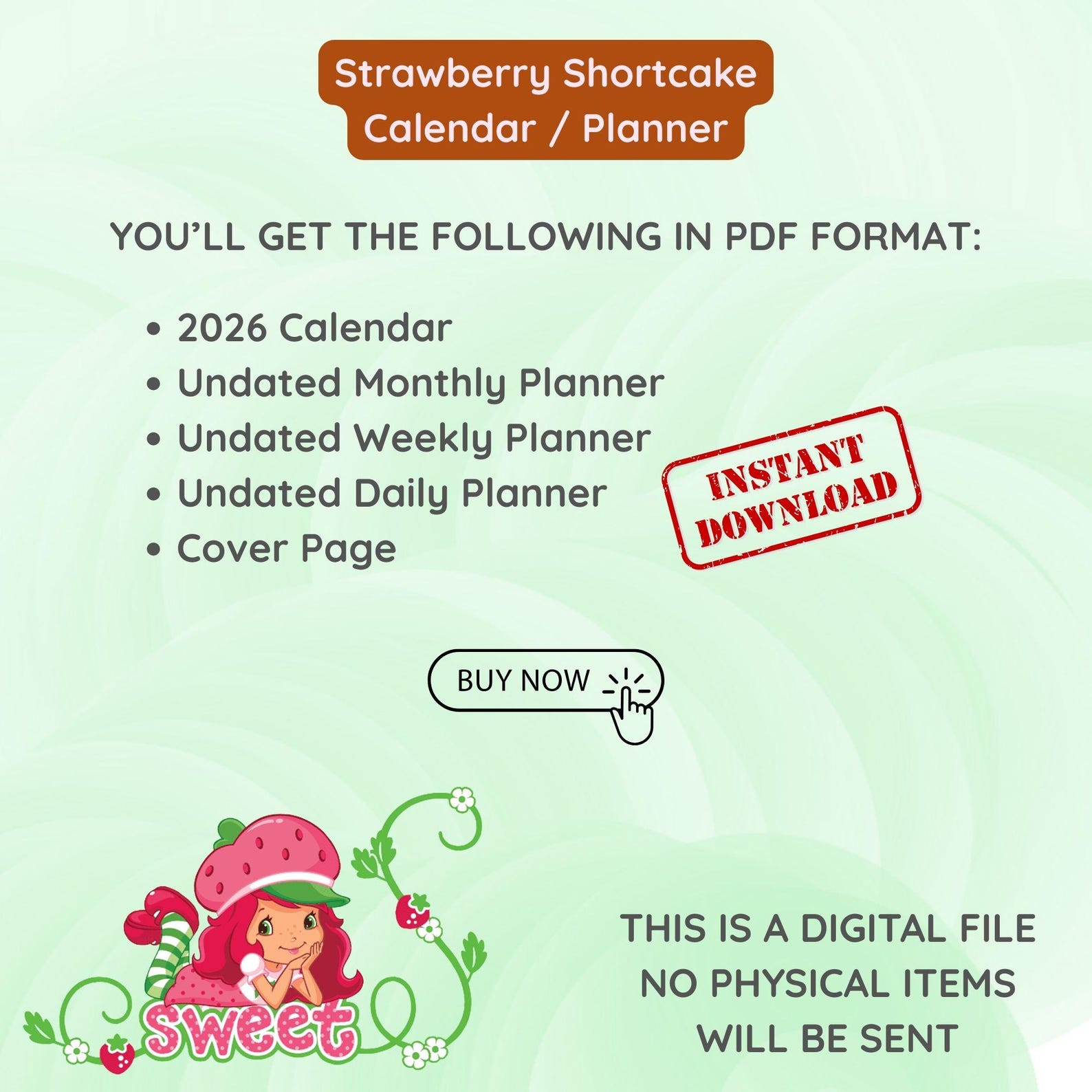 Strawberry Shortcake 2026 Calendar Printable Year Monthly Weekly ...
