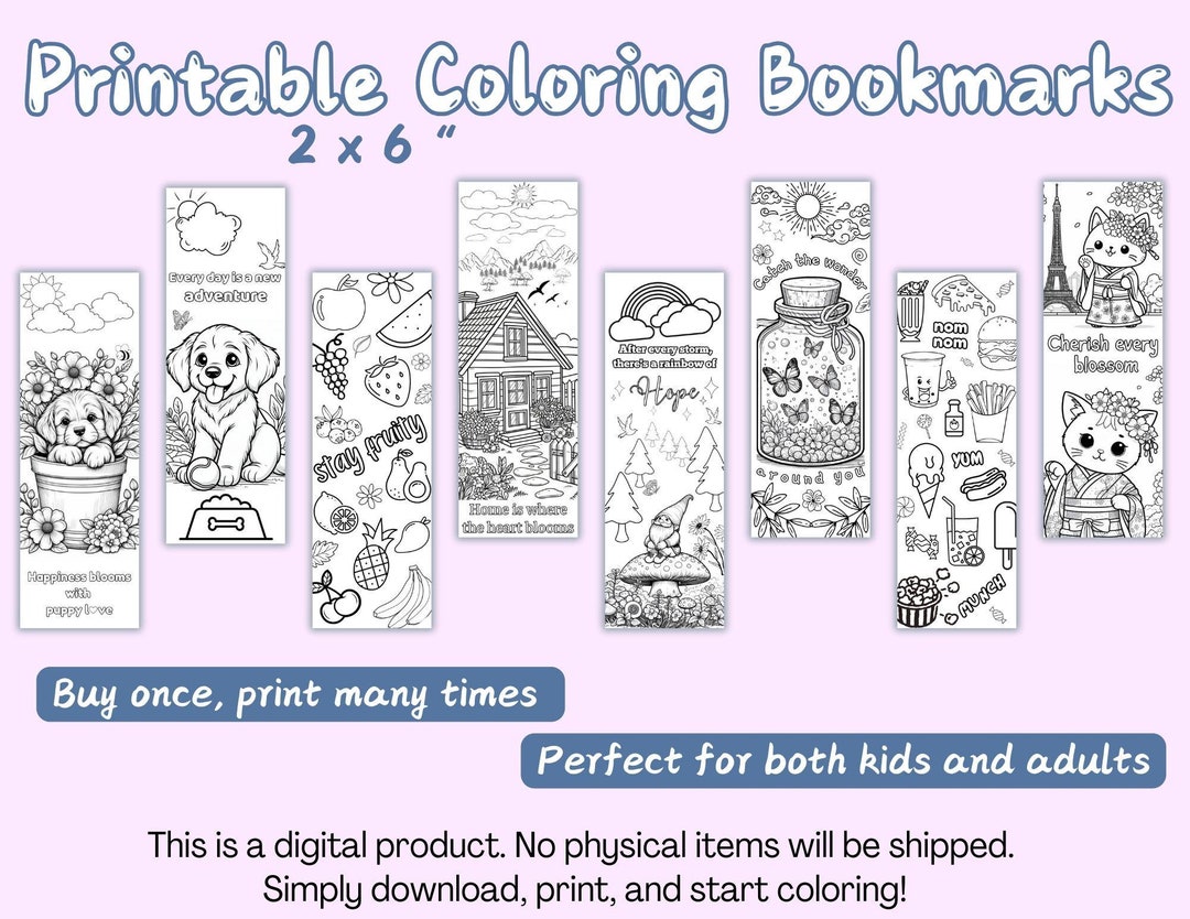 Printable Bookmark Coloring Pages Set of 8 L Fun Craft Activity for ...