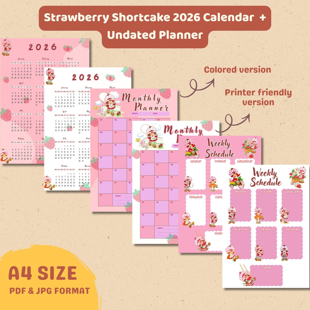 Strawberry Girl 2026 Calendar Printable Monthly Weekly Planner L ...