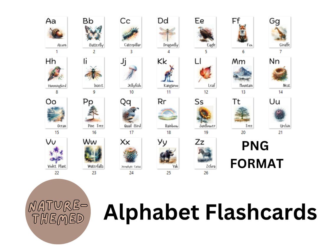 Printable ABC Alphabet Flashcards - Nature-themed Watercolor Design ...