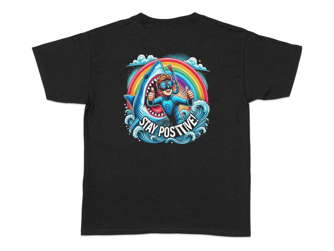 Funny Stay Positive T-shirt, Cool Shark Rainbow Graphic Tee, Summer ...