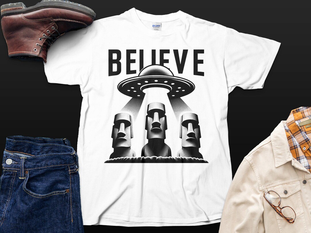 Believe UFO Moai Statue Design T-shirt, Retro Alien Abduction Graphic ...